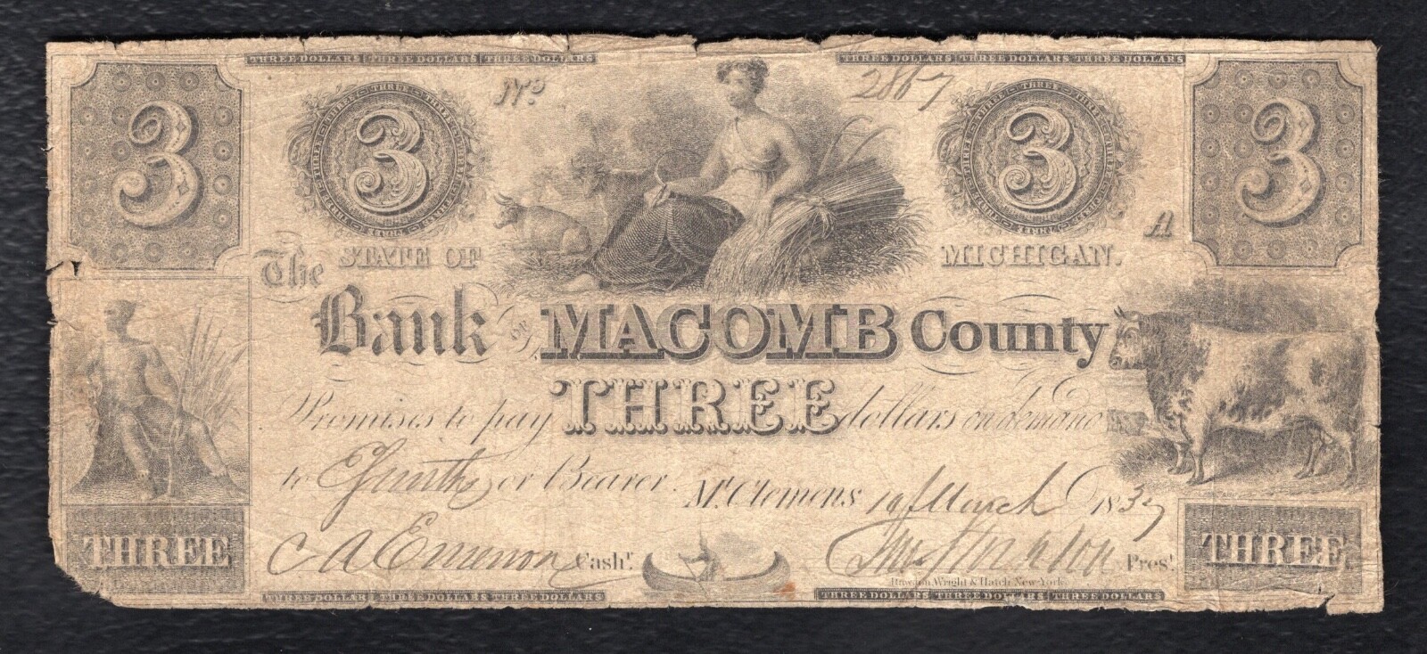 1837 $3 THE BANK OF MACOMB COUNTY MT. CLEMENS, MI OBSOLETE CURRENCY ...