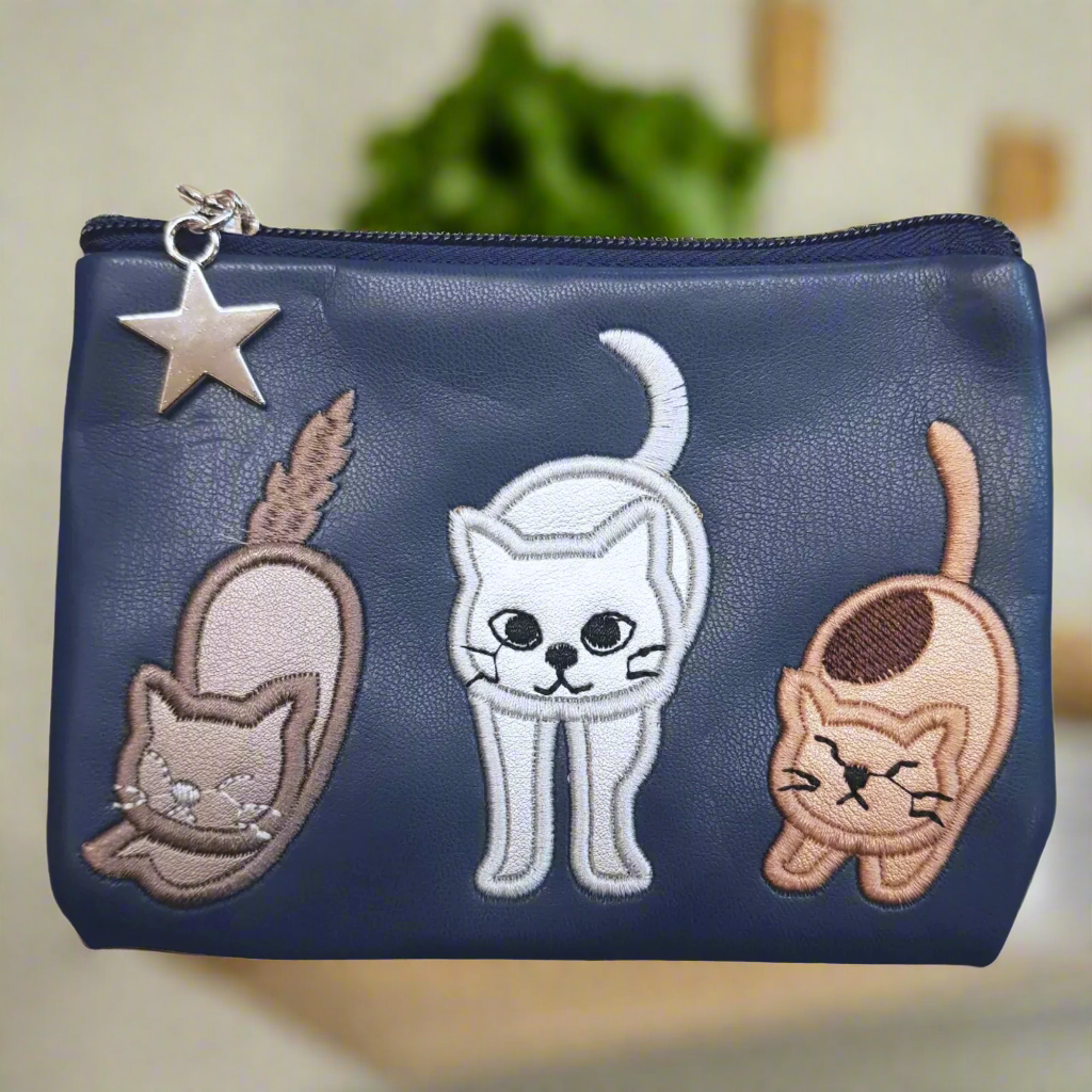 FAUX Leather Embroidered Applique Cats Ladies Coin Purse Black Blue ...