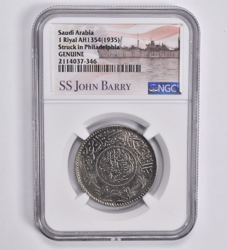 Saudi Arabia (1935) 1 Riyal AH1354 SS John Barry Shipwreck Silver NGC ...