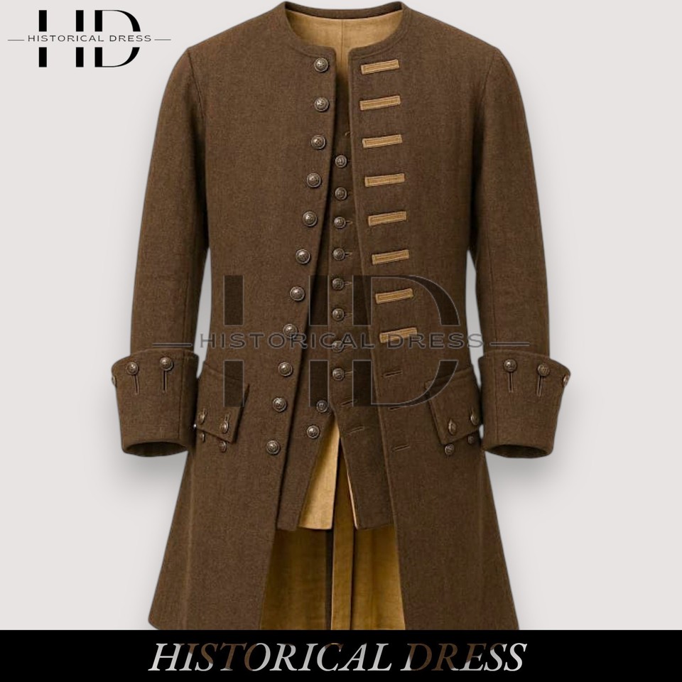 Men's 18th Century Regency Brown Wool Frock Coat&Vest Colonial Military ...