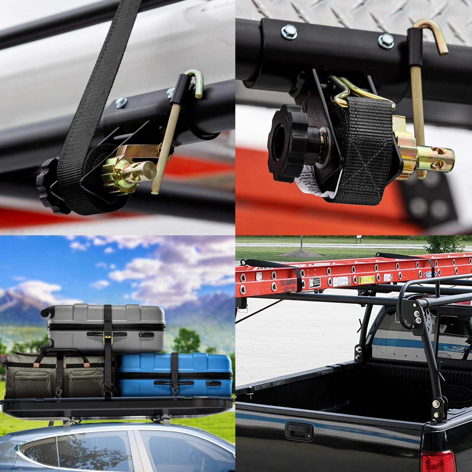 4x Ladder Rack Ratchet Straps w/ J-Hook 1.5"x7.5" Black Retractable ...