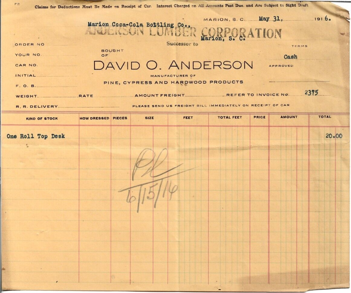 DAVID O. ANDERSON, MARION S. C. INVOICE DATED MAY 31, 1916 | eBay