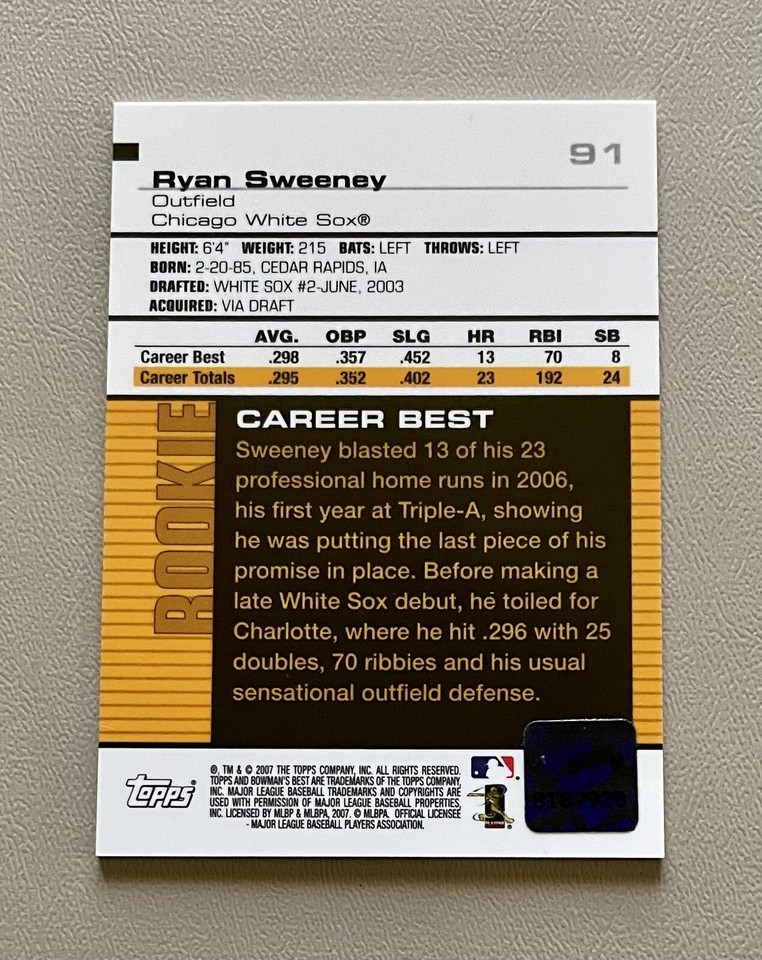 2007 Bowman's Best Ryan Sweeney #91 Auto Rookie Card Autograph White ...