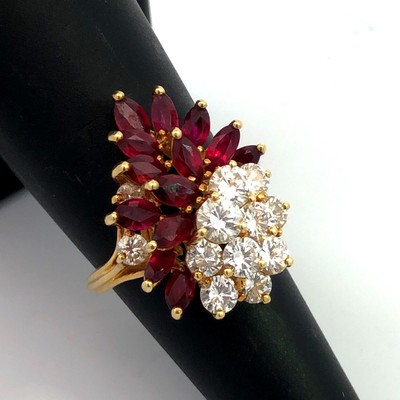 Vintage 18K Yellow Gold Round Diamond Marquise Lab Created Ruby Waterfall Ring | eBay
