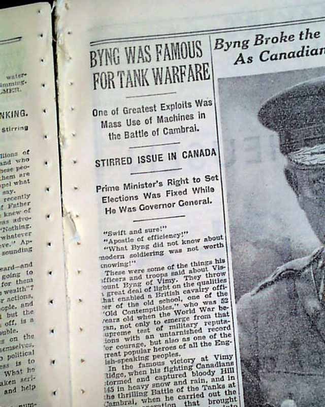 JULIAN BYNG 1st Viscount of Vimy Governor General of Canada DEATH 1935 ...