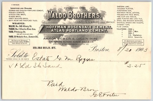 Waldo Brothers Sewer Drain Pipe Boston, MA 1903 Billhead Geo. M. Rogers ...