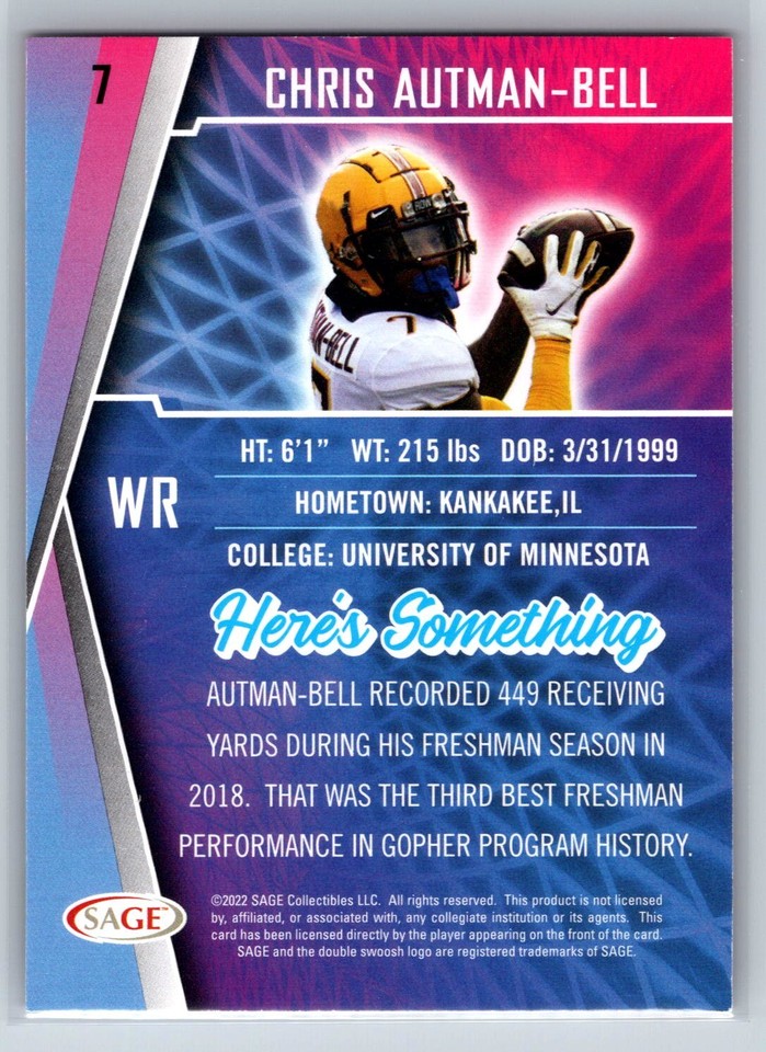 2022 SAGE Chris Autman-Bell Rookie Red Parallel RC #7 | eBay