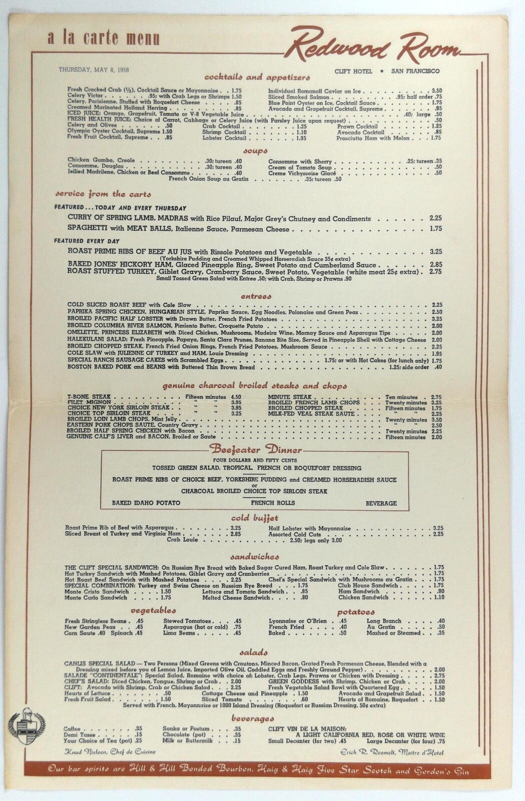1958 Original Vintage LARGE Menu CLIFT HOTEL - REDWOOD ROOM San ...