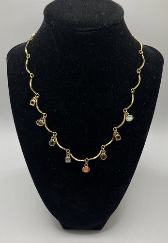 Faceted Glass Necklace Multicolor Gold Tone 18” Dangle Jewels Wave Link ...