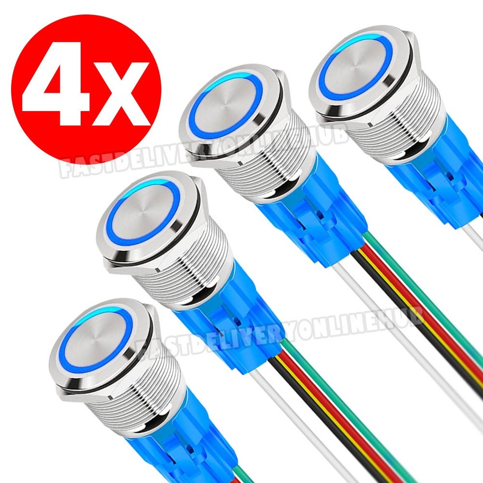 2/4x16mm Waterproof Switch Metal Push Button Momentary ON/OFF 12V IP67 ...
