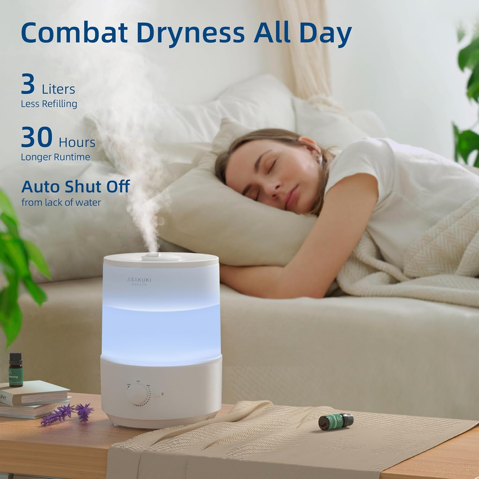 Humidifier 3L Air Humidifier for Bedroom, Top Fill Cool Mist ...