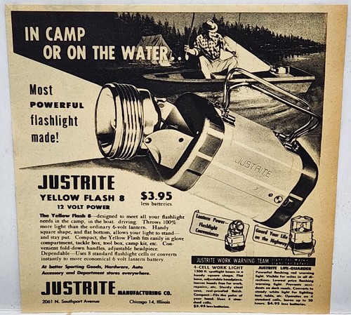 1954 Justrite Yellow Flash Flashlight Fishing Camping Print Ad Chicago ...