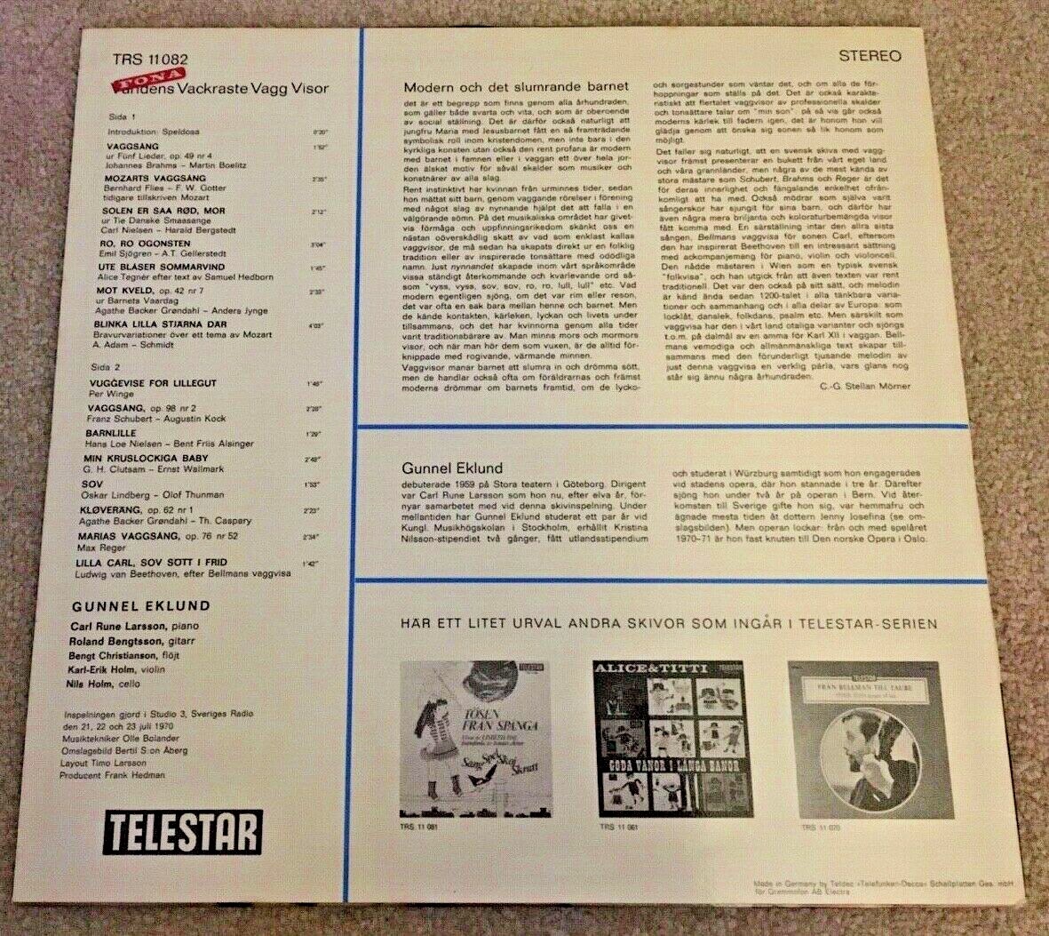 Gunnel Eklund, Carl Rune Larsson - Världens Vackraste Vagg Visor Vinyl ...