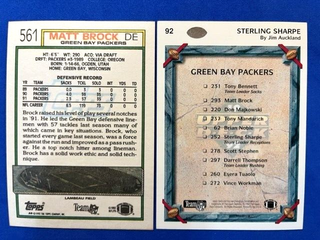 NFL - Matt Brock 1992 Topps & 1992 Upper Deck Team Checklist - Packers ...