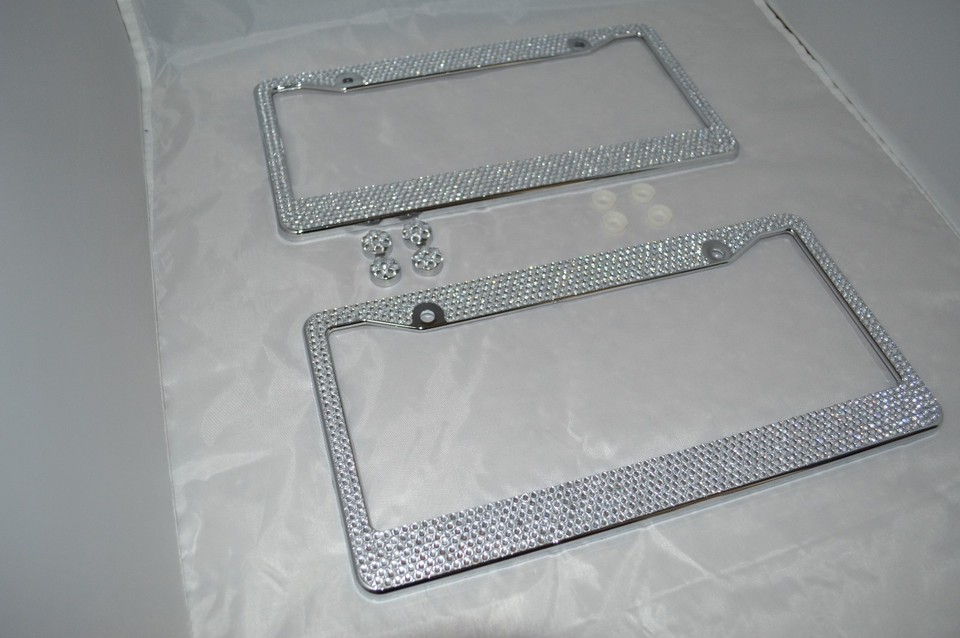 2 All White Silver Bling Glitter Crystal RhineStone License Plate Frame ...