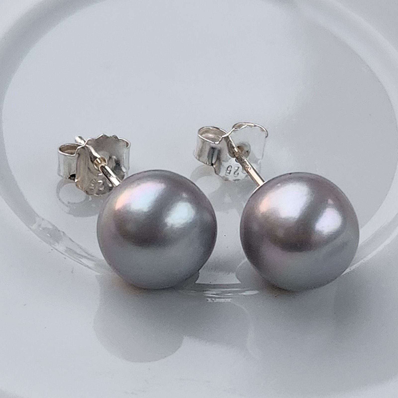 Handmade Natural Sliver Pearl 9.5-10mm Stud Earrings Solid 925 Sterling ...