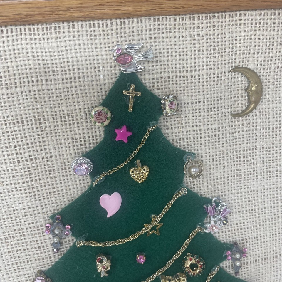 Framed Jeweled Christmas Tree Picture W/ Vintage Jewelry Pieces Beads ...