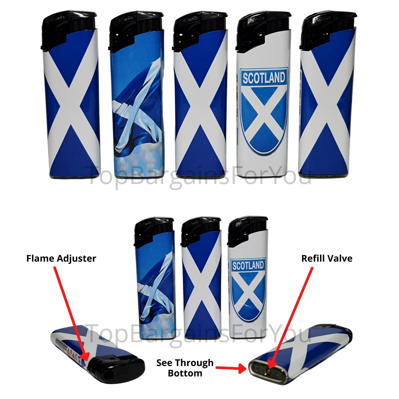 5 x 4SMOKE SCOTLAND Electronic Lighers Set Black Top Adjustable Flame ...