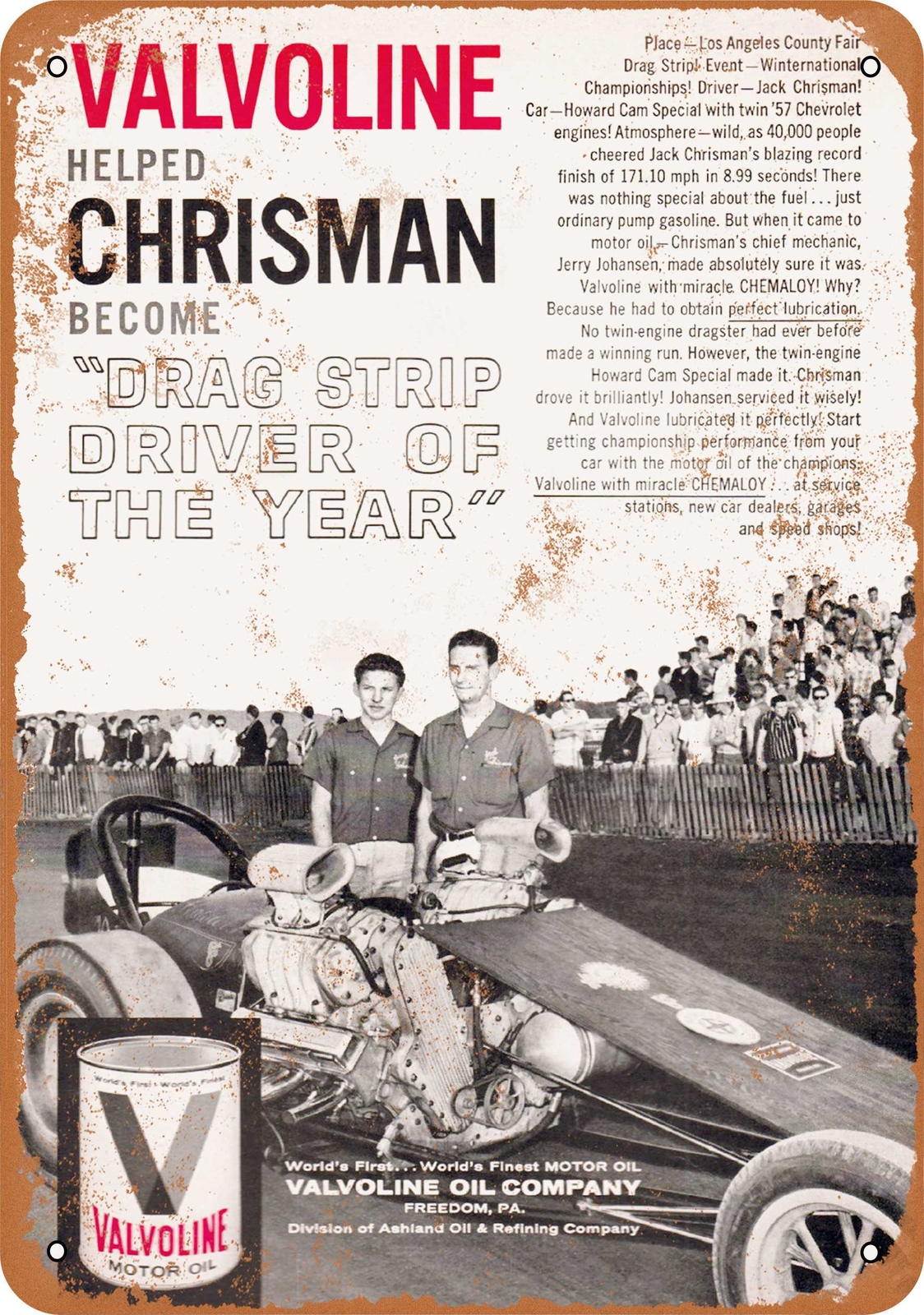 METAL SIGN - 1961 Valvoline and Drag Racing - Vintage Look Reproduction ...