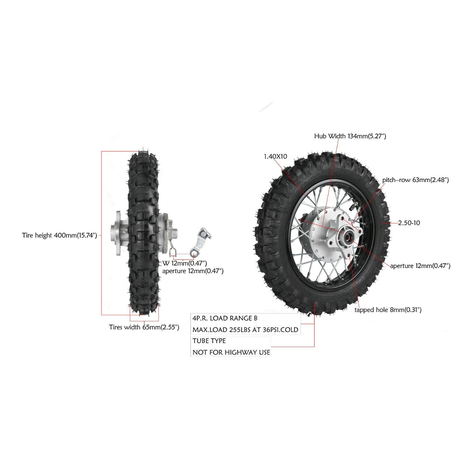 2.5-10 2.5x10 Rear Wheel Rim Tire +Sprocket For PW50 TTR50 CRF50 XR50 ...