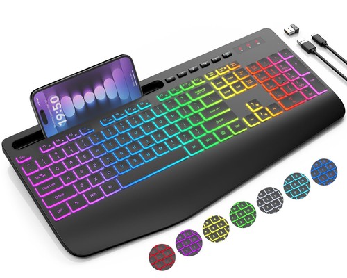 Wireless Keyboard with 8 Colored 9 Effects Backlits Wrist Rest Phone ...
