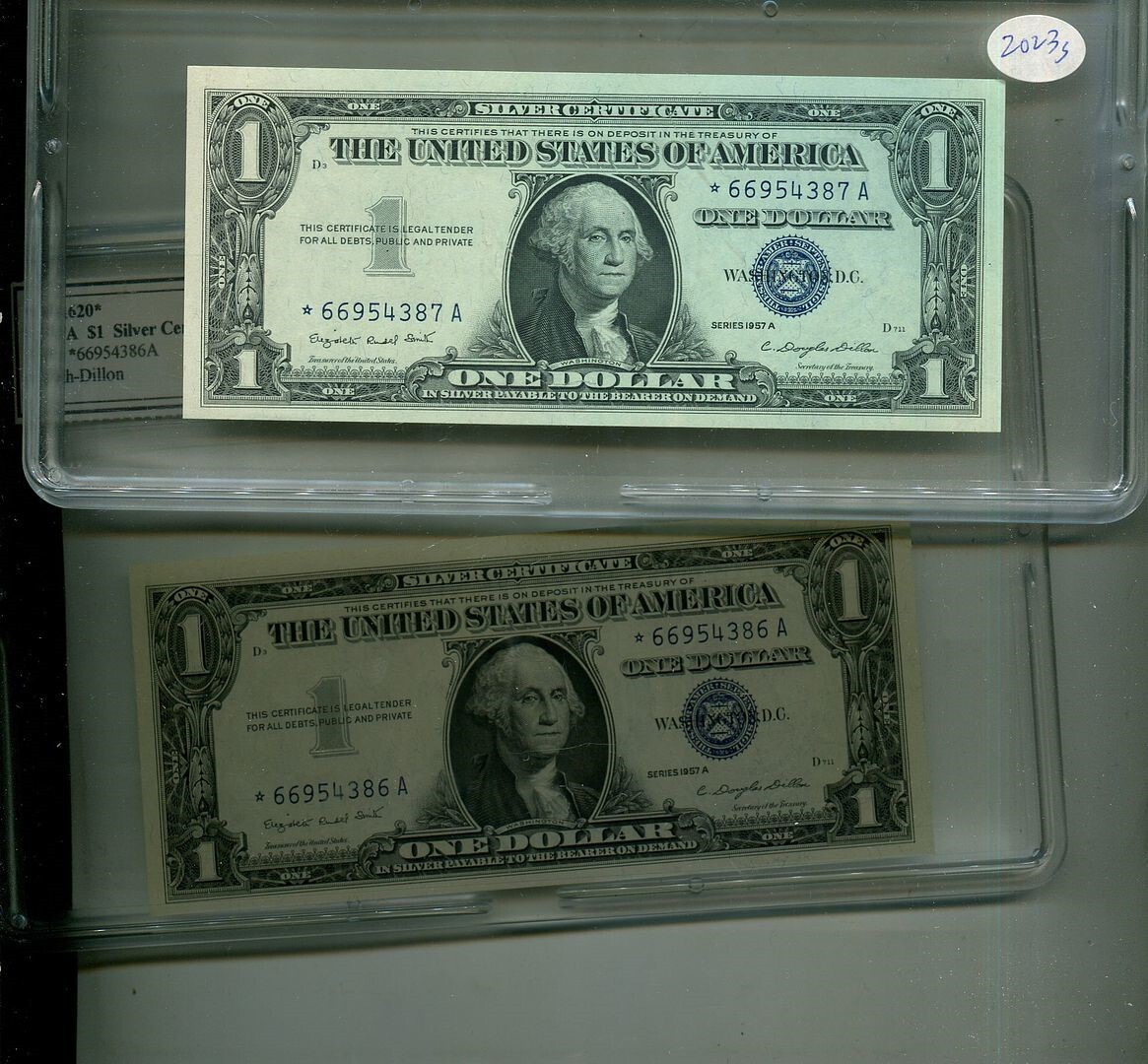 1957 A $1 SILVER CERTIFICATE CURRENCY STAR NOTE LOT OF 2 CONSECUTIVE ...