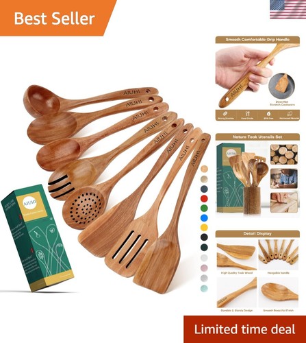 Natural Teak Wood Cooking Utensils Set - 8 Non-Scratch Spoons ...