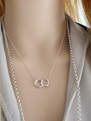 Authentic 925 Sterling Silver Double Ring Charm Pendant Women Necklace ...