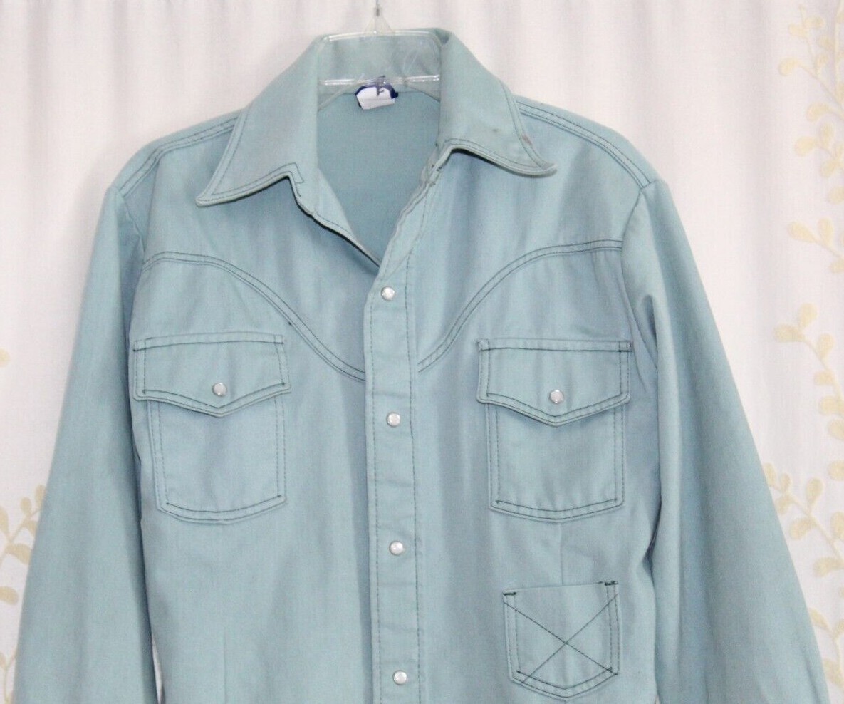 Vintage 70s Jeans Joint Sears Blue Pearl Snap Long Sl… - Gem