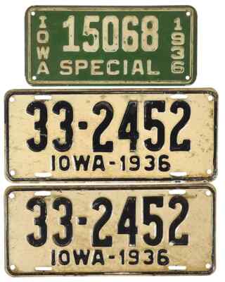 3 Vintage 1936 IOWA License Plates matched pair set 2452 and Special ...