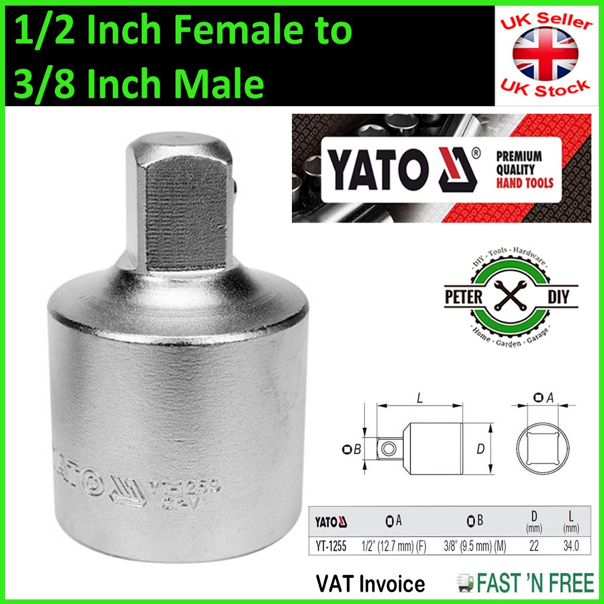 1/2 Inch Female to 3/8 Inch Male Socket Adapter Adaptor YATO YT-1255 ...