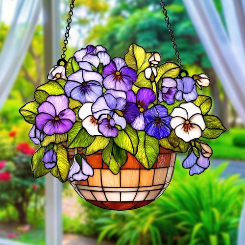 Beautiful Hanging Stained Glass Panel Purple Pansy Flowers for Window ...