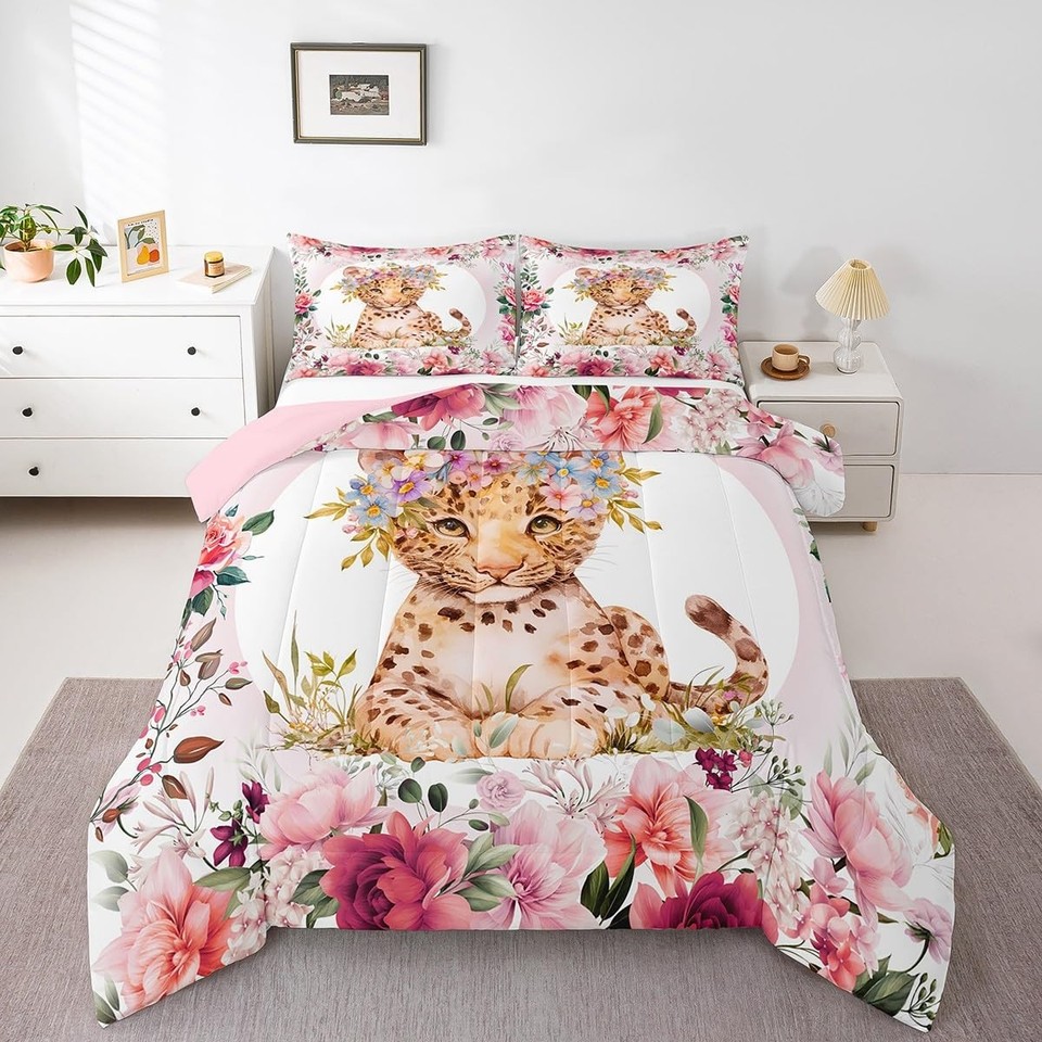 Kids Cute Leopard Comforter Set Twin Size Boys Girls Cartoon Animal ...