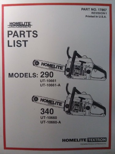 Homelite 290 & 340 Chain Saw Parts Catalog Manual Chainsaw UT-10661-A ...