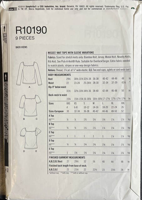 Simplicity Sewing Pattern 10190 8919 Misses Knit Top Sizes XXS-XXL for ...