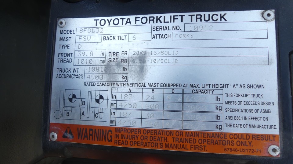 Toyota 8FDU32 Diesel Forklift 6500 Lbs. Pneumatic Tires W/ Side SHift ...