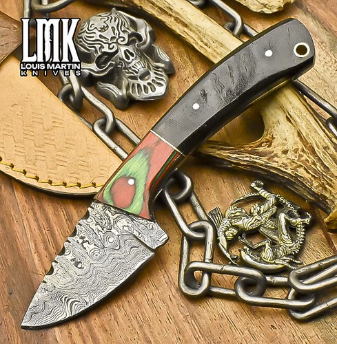 LMK Forged Skinner Knife Ladder Damascus Ram's Horn Wooden Bolster Gift ...