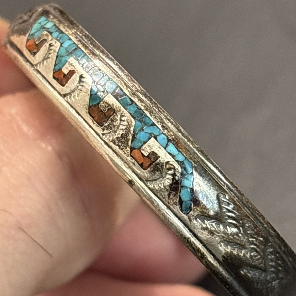Nakai Navajo Chip Inlay Turquoise Coral Vintage Cuff Bracelet 6.25” 11g ...