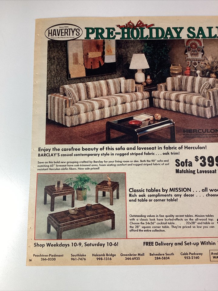 Atlanta GA Print Ad 1980 AJC Haverty’s Furniture Sofa Barclay Herculon ...
