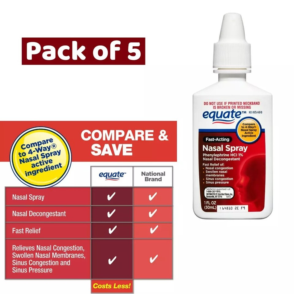 5 PACK Equate Nasal Four Nasal Spray, Phenylephrine Hydrochloride 1%, 1 ...