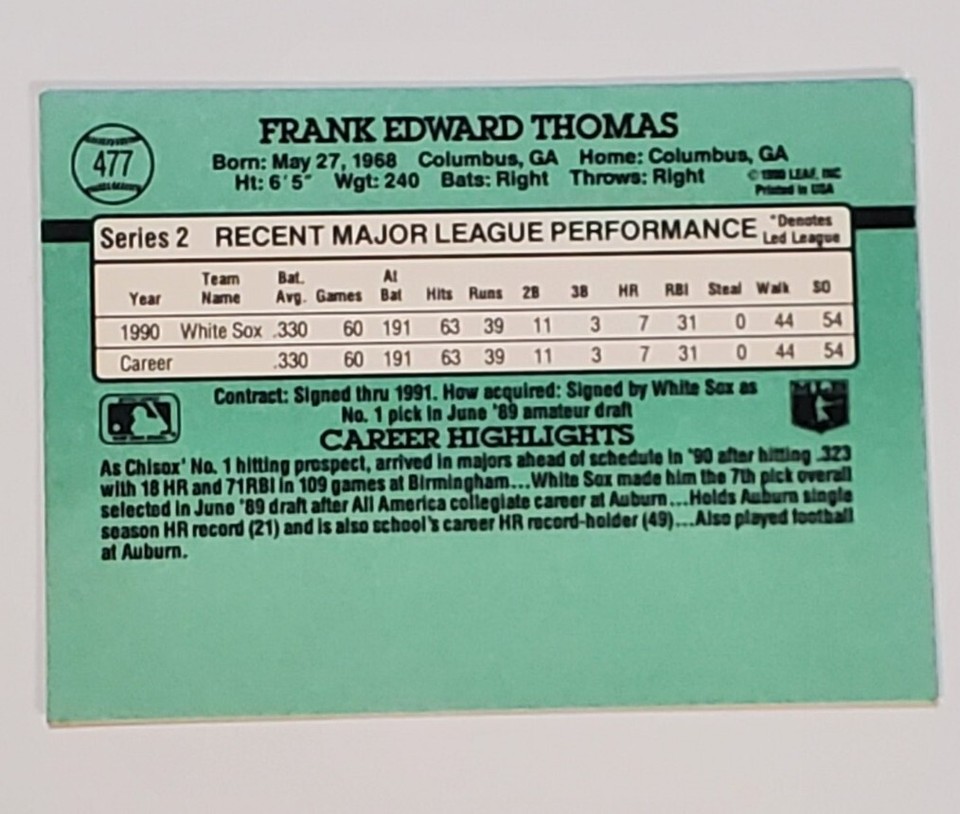 1991 Donruss Baseball error cards Frank Thomas Rookie Card Misprint | eBay