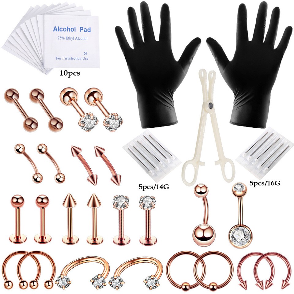 Professional Body Piercing Tool Kit Set Nose Rings Navel Ear Lip Studs ...