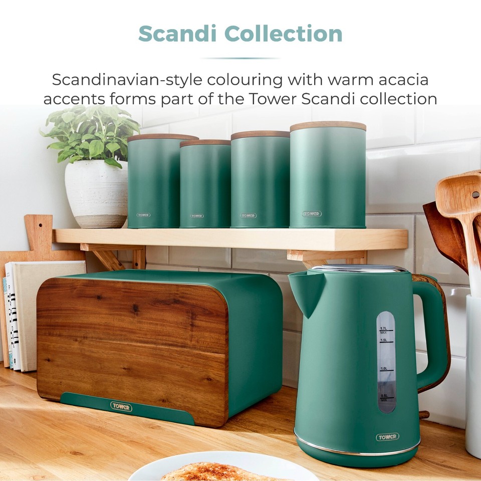 Tower Scandi Jade Kitchen Storage Set Bread Bin 3 Canisters & Biscuit ...