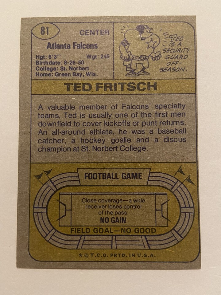 TED FRITSCH Hand Signed 1974 Topps #81 Atlanta Falcons St Norbert ...