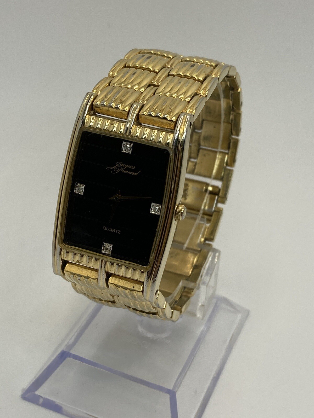 Jacques Prevard Quartz Ladies Black Diamond Dial Gold Tone Bracelet ...