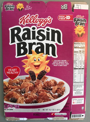 EMPTY Kellogg's Raisin Bran Heart Healthy Cereal Box Sunny FLATTENED ...