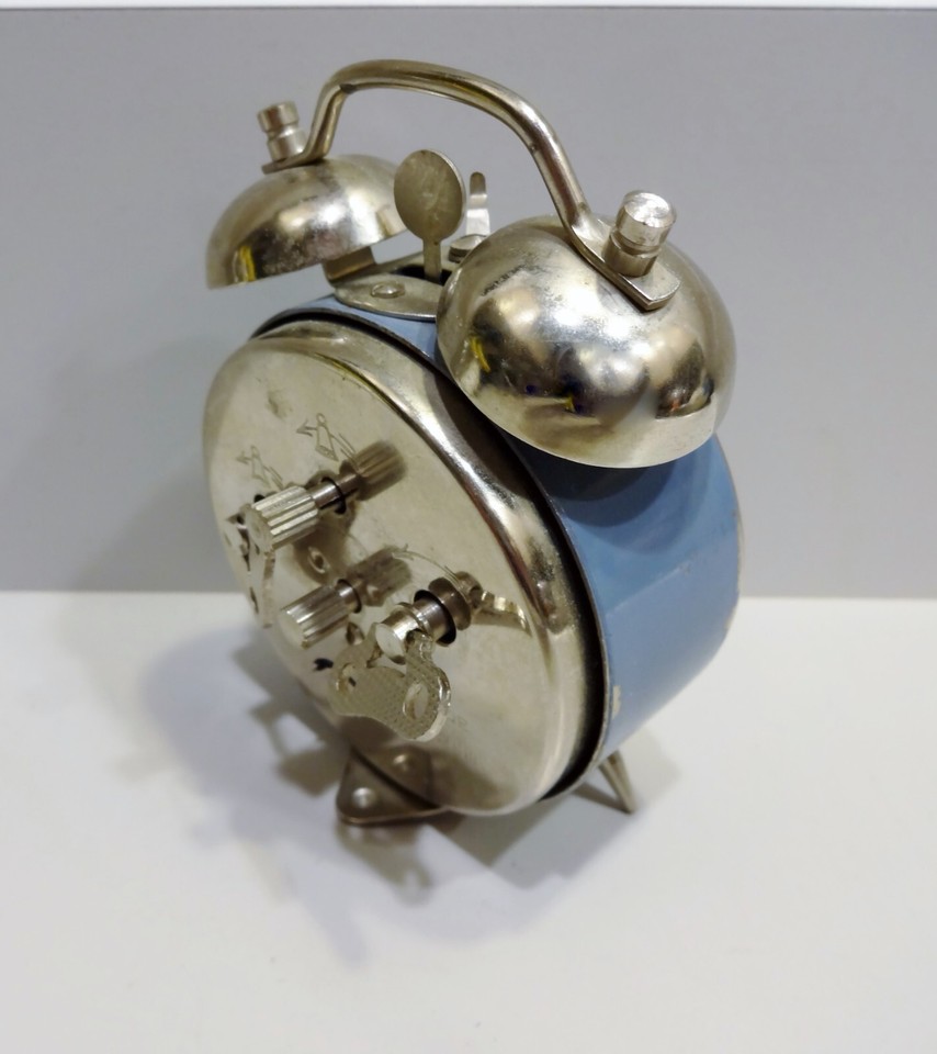 Vtg INGRAHAM TWO BELL ALARM CLOCK Blue 4" Wind Up Twin Double Romania ...