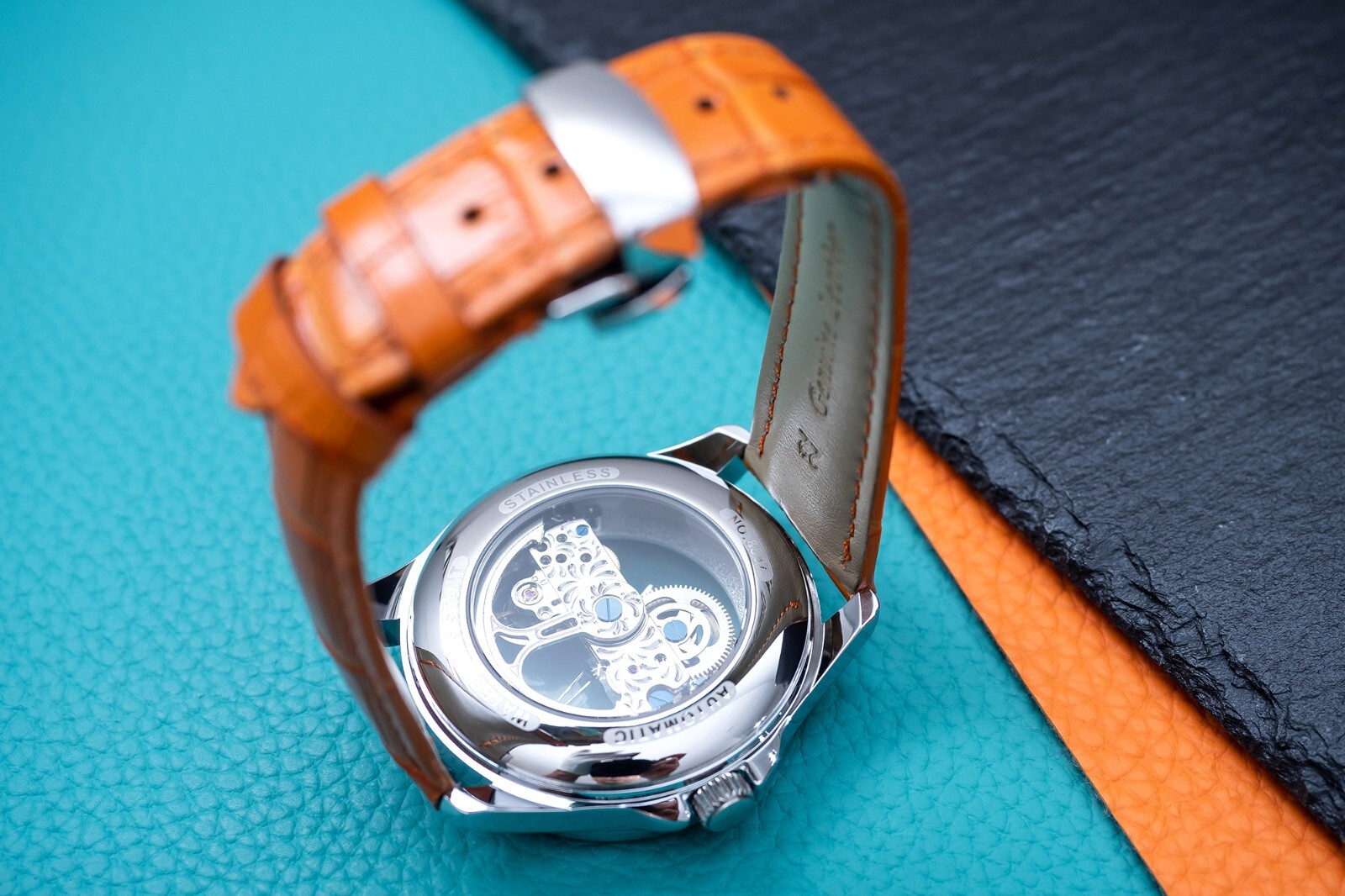 Mens Silver Automatic Mechanical Watch Bridge Rainbow Cubic Orange ...