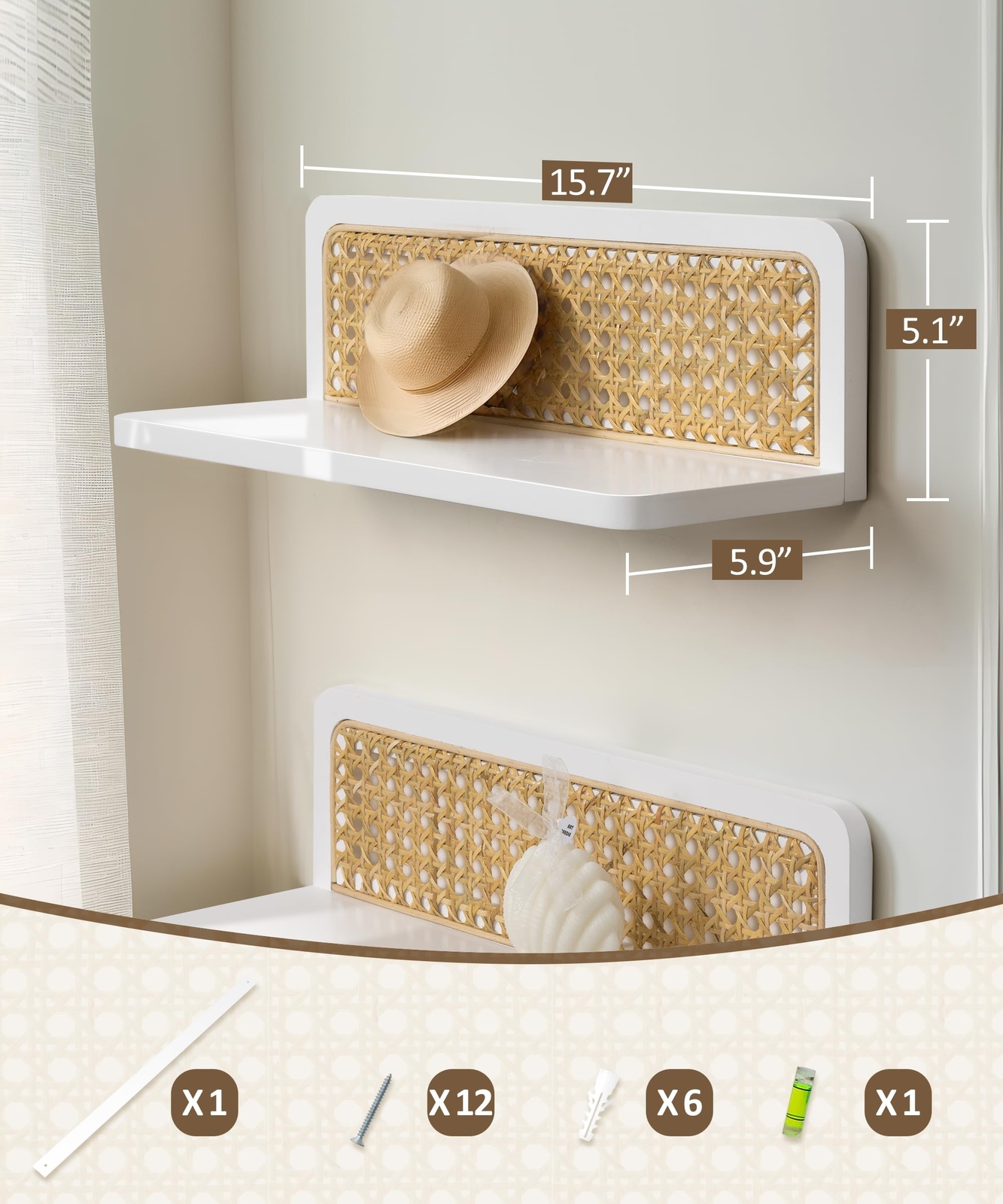 Rattan Floating Shelves, Boho Cane Webbing Wall Shelves Farmhouse ...