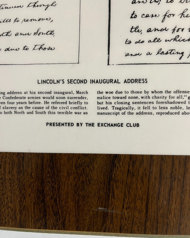Abraham Lincoln's 2nd Inaugural Address Inlayed on Large 27" X 22" Wood ...